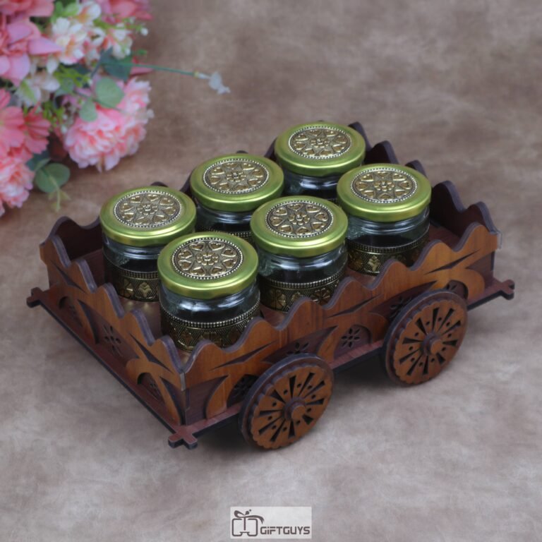 Traditional Wooden Cart Serving Tray With Oxidised Glass Jars for Dry ...