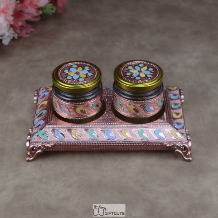 Traditional Wooden Meenakari & Oxidised Serving Tray with 2 Glass Jars ...