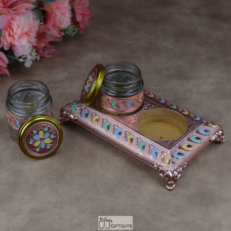 Traditional Wooden Meenakari & Oxidised Serving Tray with 2 Glass Jars ...