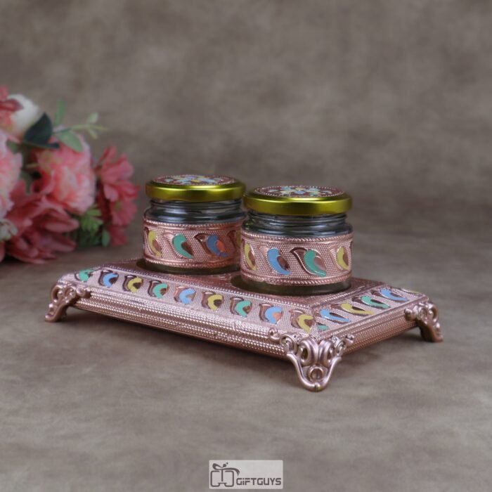 Traditional Wooden Meenakari & Oxidised Serving Tray with 2 Glass Jars ...